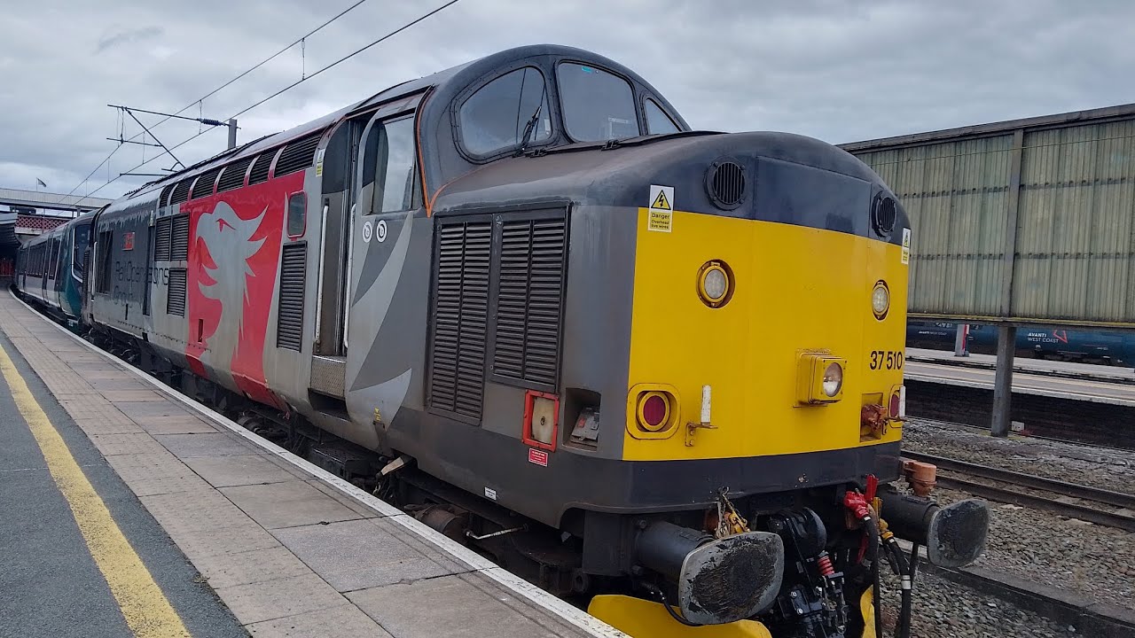 5Q42 ROG class 37 510 departing from Crewe platform 12 with 730203 with ...