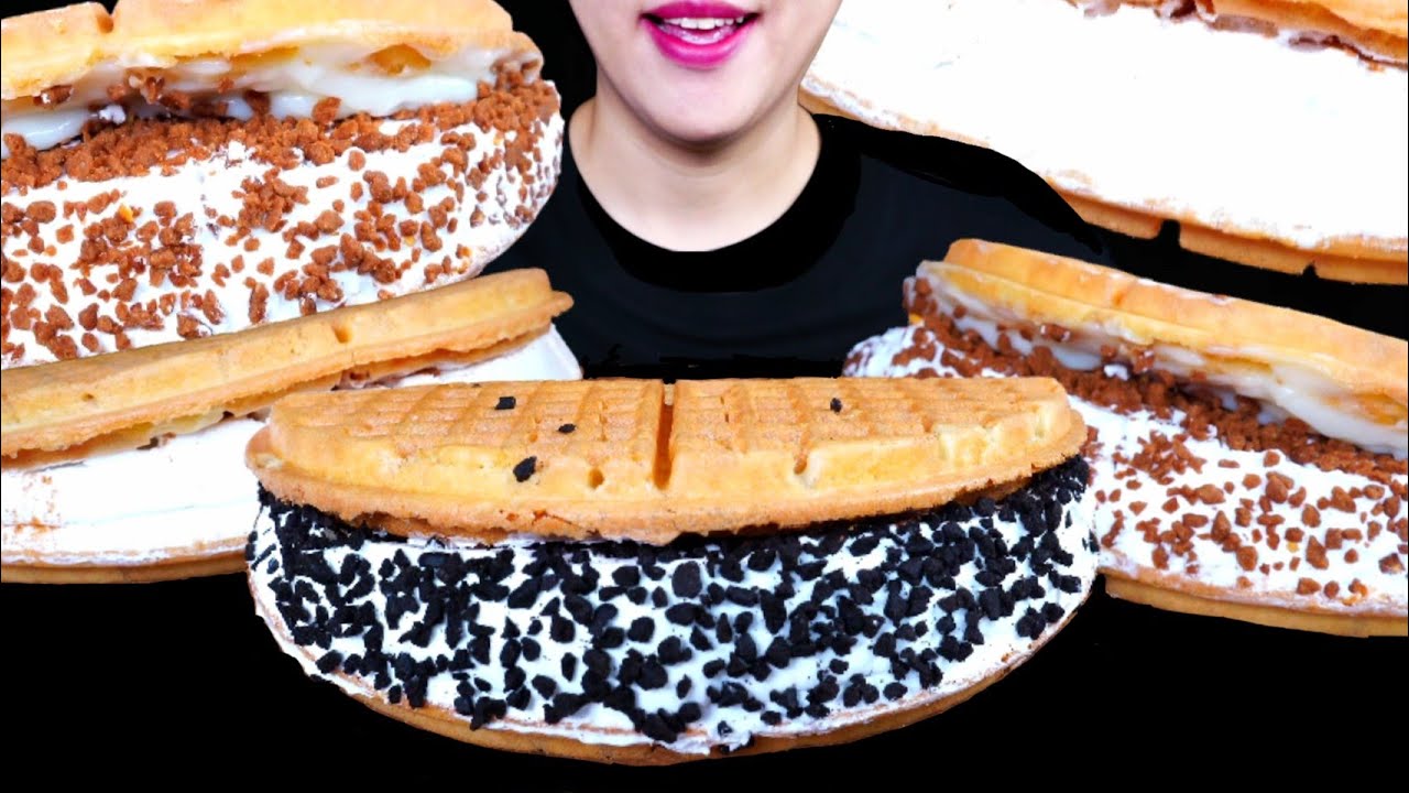 ASMR 생크림 와플 먹방 오레오 누텔라 애플시나몬 슈크림크런치 와플 디저트 먹방 WAFFLES WITH WHIPPED ...
