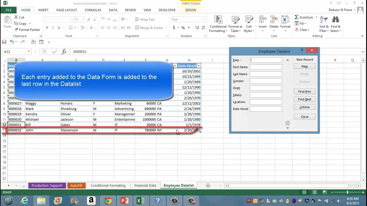 Excel 2013: Entering Data Into A Data List Using A Data Form - YouTube