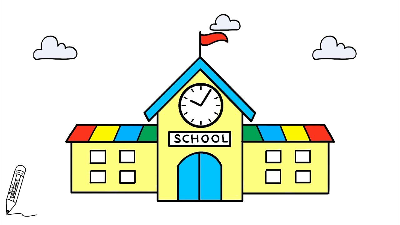 How to Draw a School | My School Drawing and Coloring Step by Step ...