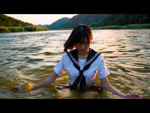 japan high school student wearing sailor uniform swimming on the yellow river