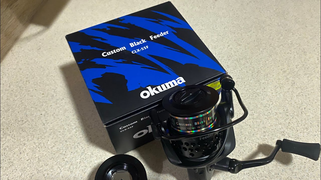 OKUMA Custom Black Feeder CLX-55F fishing reel unboxing - YouTube