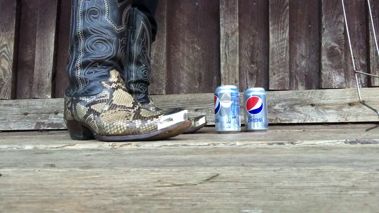 Snake skin boots crushing cans - YouTube
