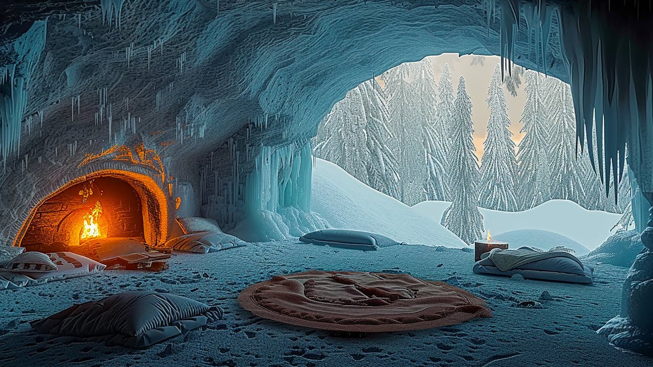 Warm Fireplace and Winter Snowstorm Ambience 🌨️ Cozy Cave Sounds for ...