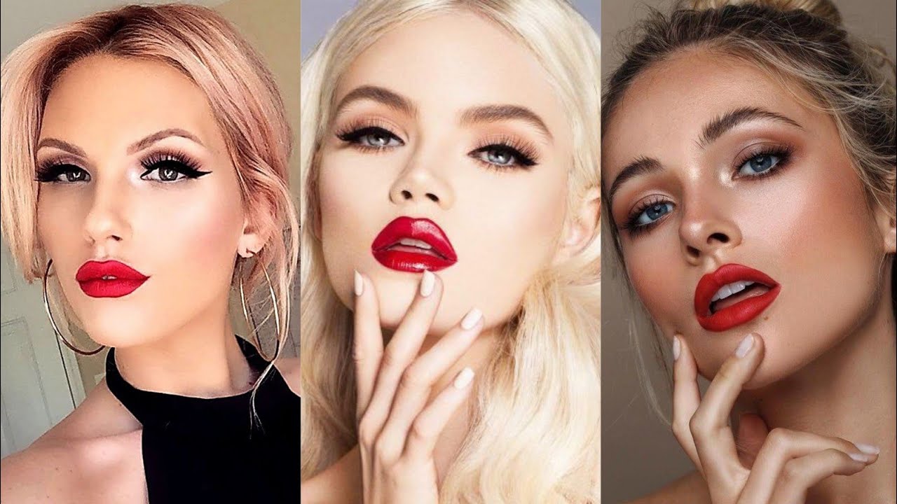 Amazing glam look European party makeup with red lipstick colours ideas ...