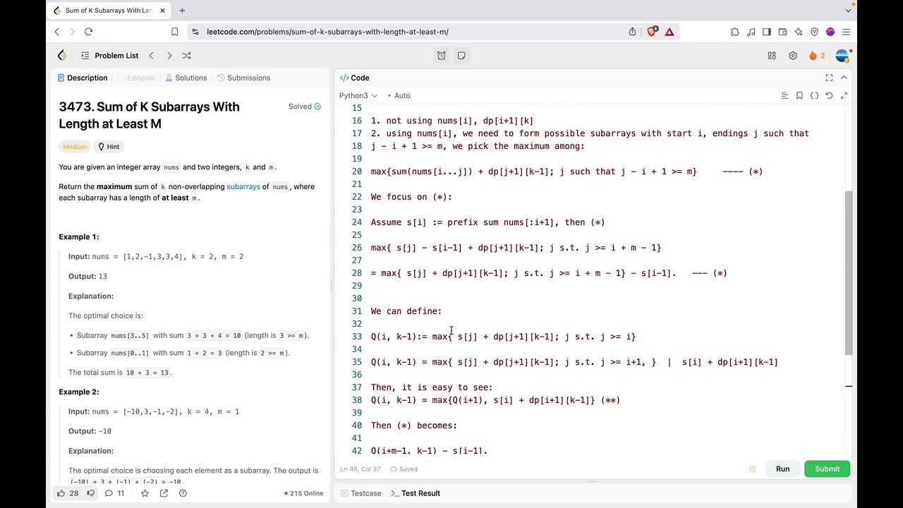 leetcode 3473 Sum of K Subarrays With Length at Least M | DP - YouTube