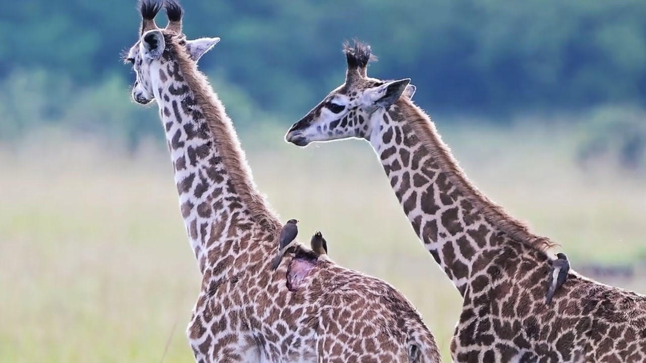 Giraffe standing and birds feeding on insects, flies that have begun to ...
