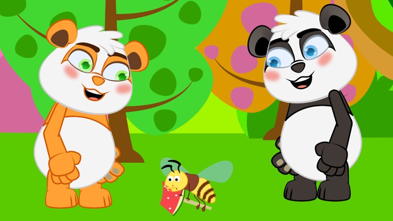 Pandas Family eating ice cream. Little bee wants to make friends ...