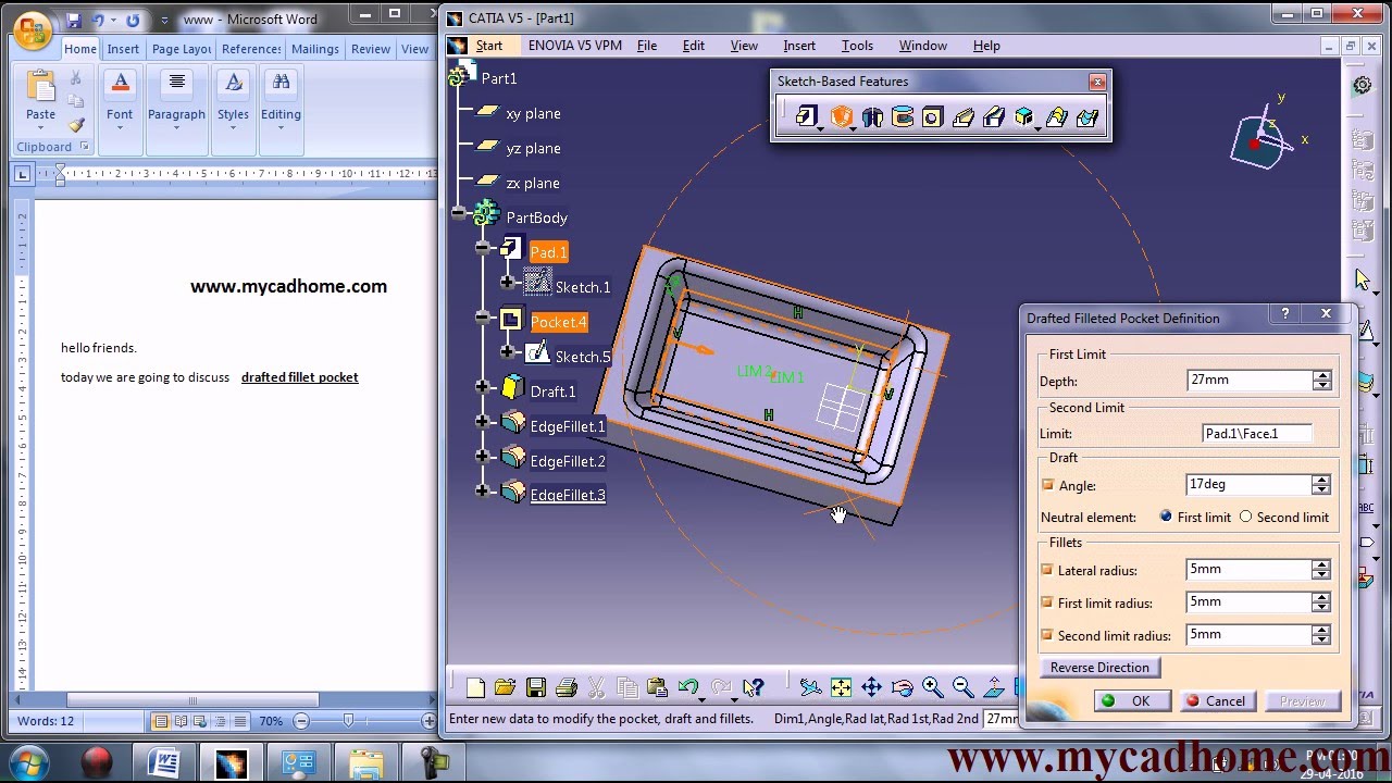 catia drafted fillet pocket in detail - YouTube