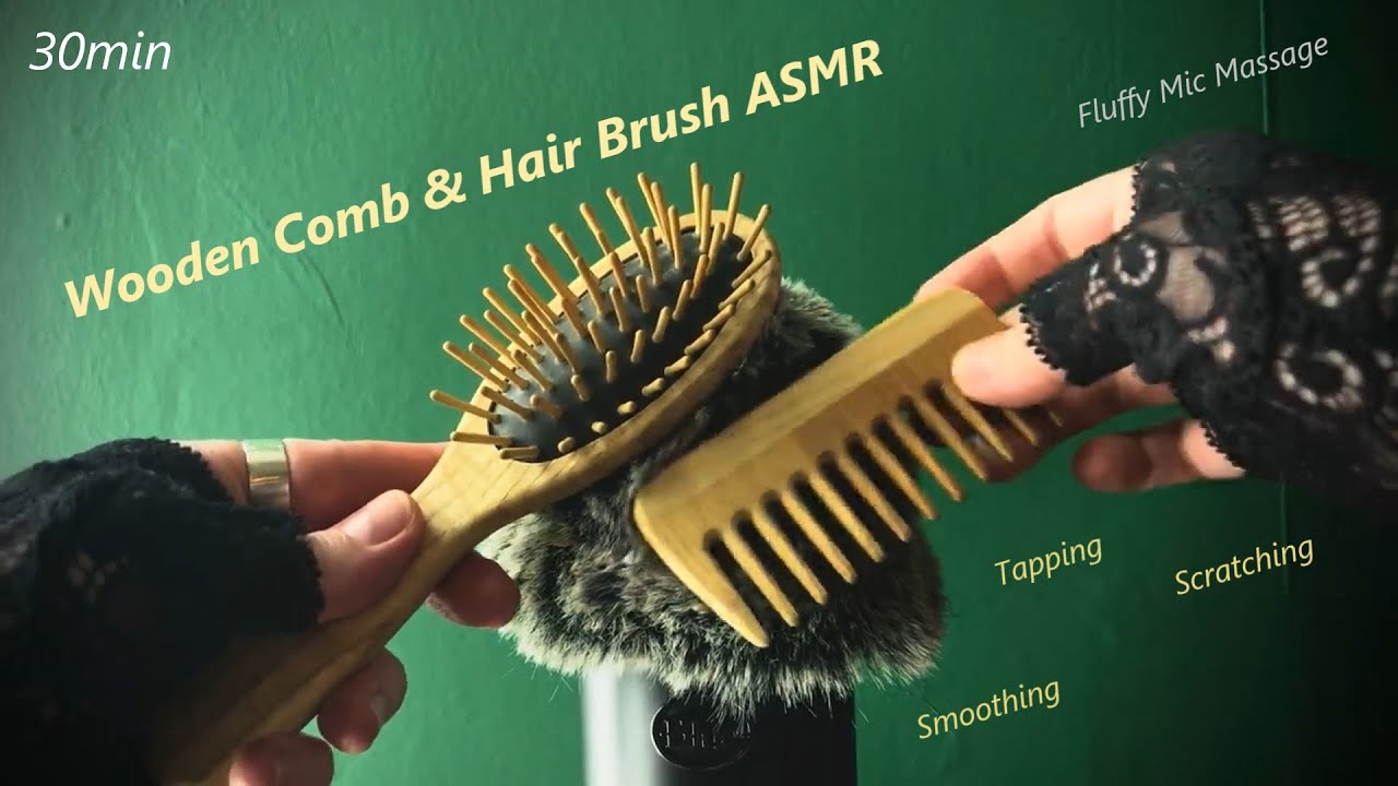 ASMR - 30min Wooden Comb and Brush with a #fluffymic cover to calm and ...