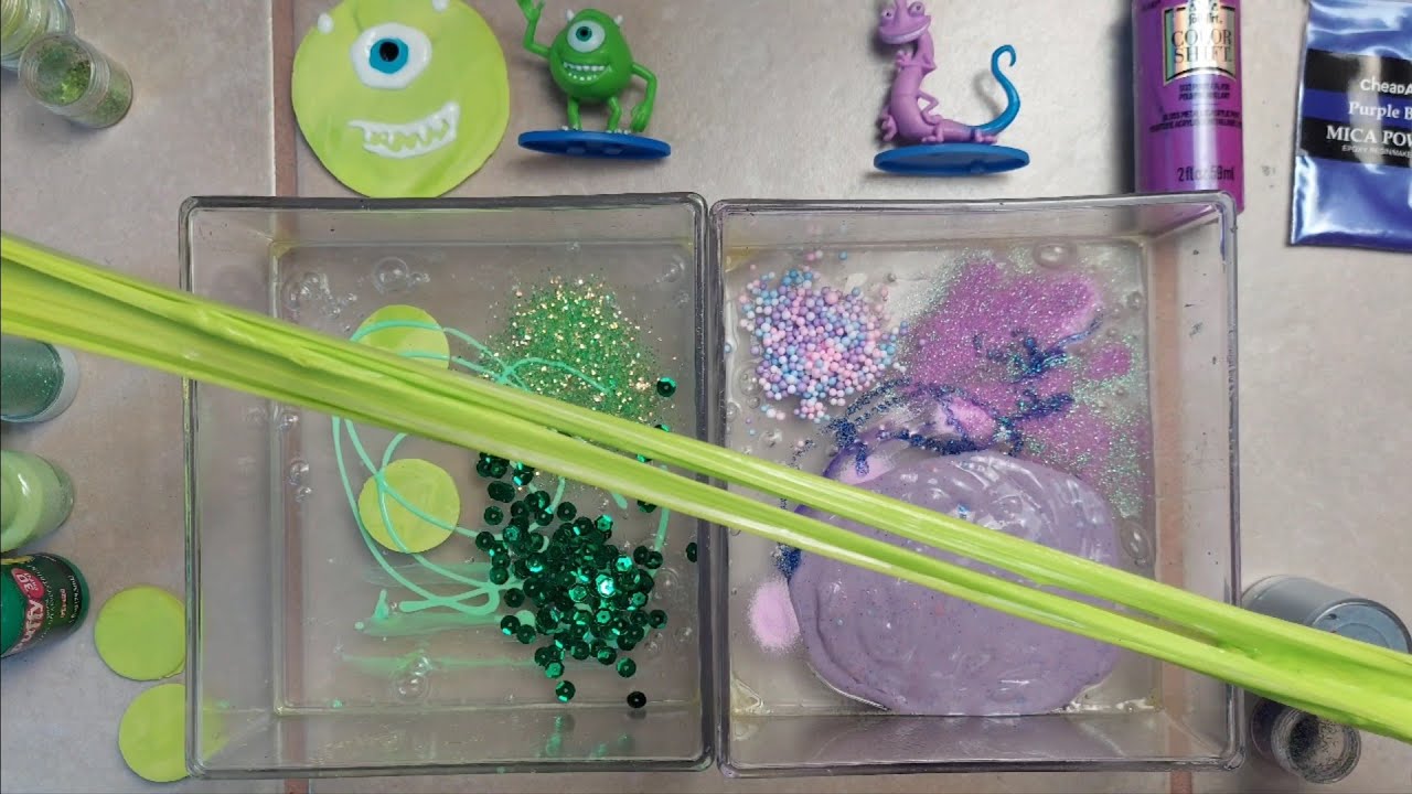 Clear Slime Mixing ASMR- Monsters Inc Mike Vs Randall - Green vs Purple ...
