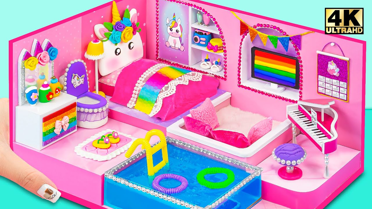How To Make Pink Unicorn Dream Bedroom with Slime Pool, Living Room ...