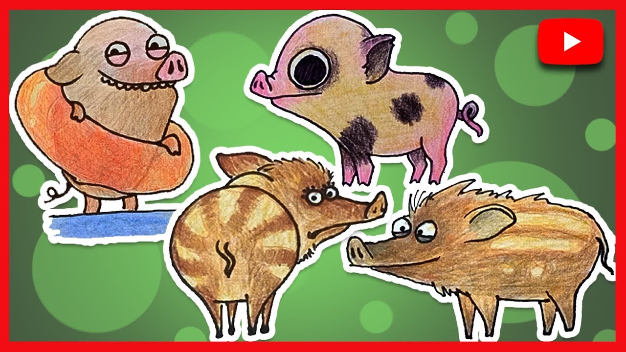 2 Pigs and 2 Wild boars drawing for kids step by step - YouTube