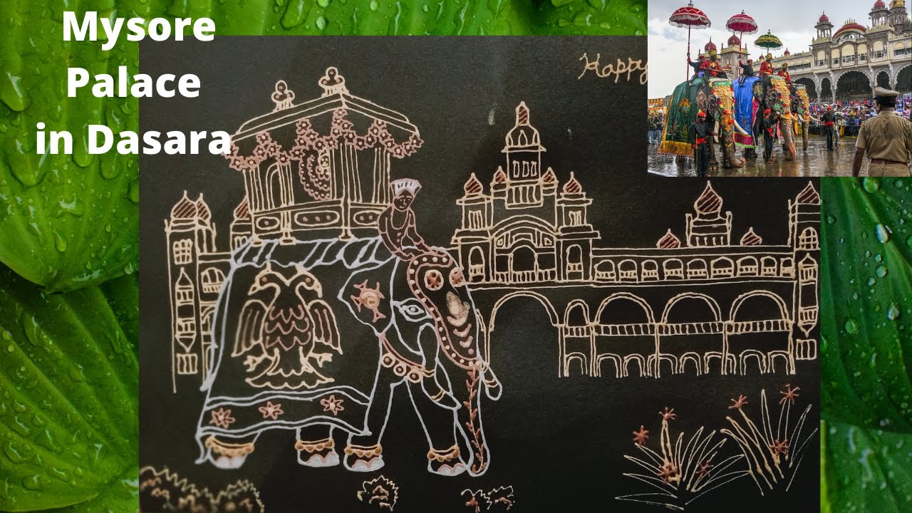 Drawing Mysore Palace & Elephant carrying Golden Howdah with a Cone ...