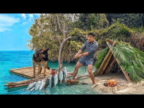 Island Survival (EP2) | Building a Raft from Trash, Fishing & Cooking with My Dog