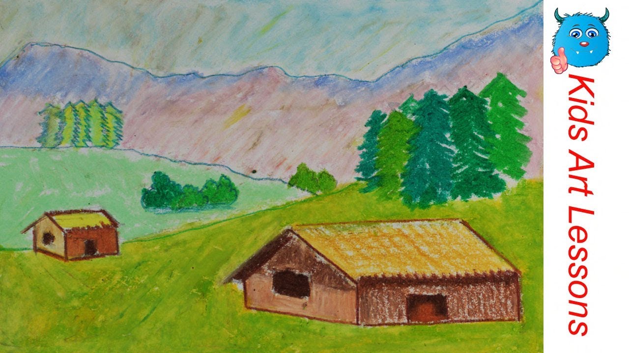 Easy Scenery Drawing :How to Draw A Hilly Landscape with Cottages Step ...