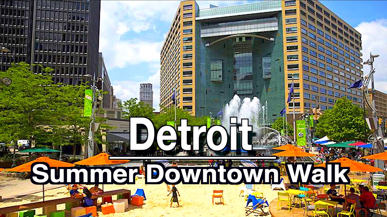 Downtown Detroit Michigan Sunny Summer Walk Tour | 5K 60 | City Sounds ...