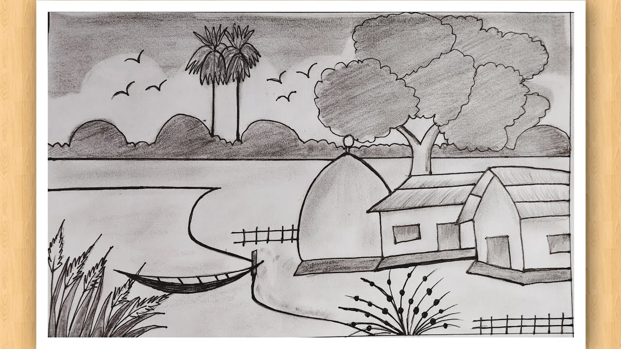 How to draw a scenery of Sunset with pencil, Easy Pencil Drawing for ...