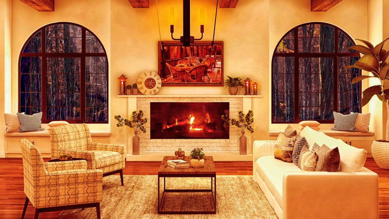 Autumn Evening Ambience with Relaxing Fireplace, Rain Sounds & Cozy ...