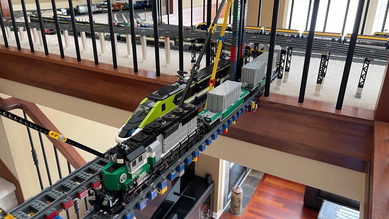 Long LEGO Freight Train Going Over a 10 ft high Lego Bridge - YouTube