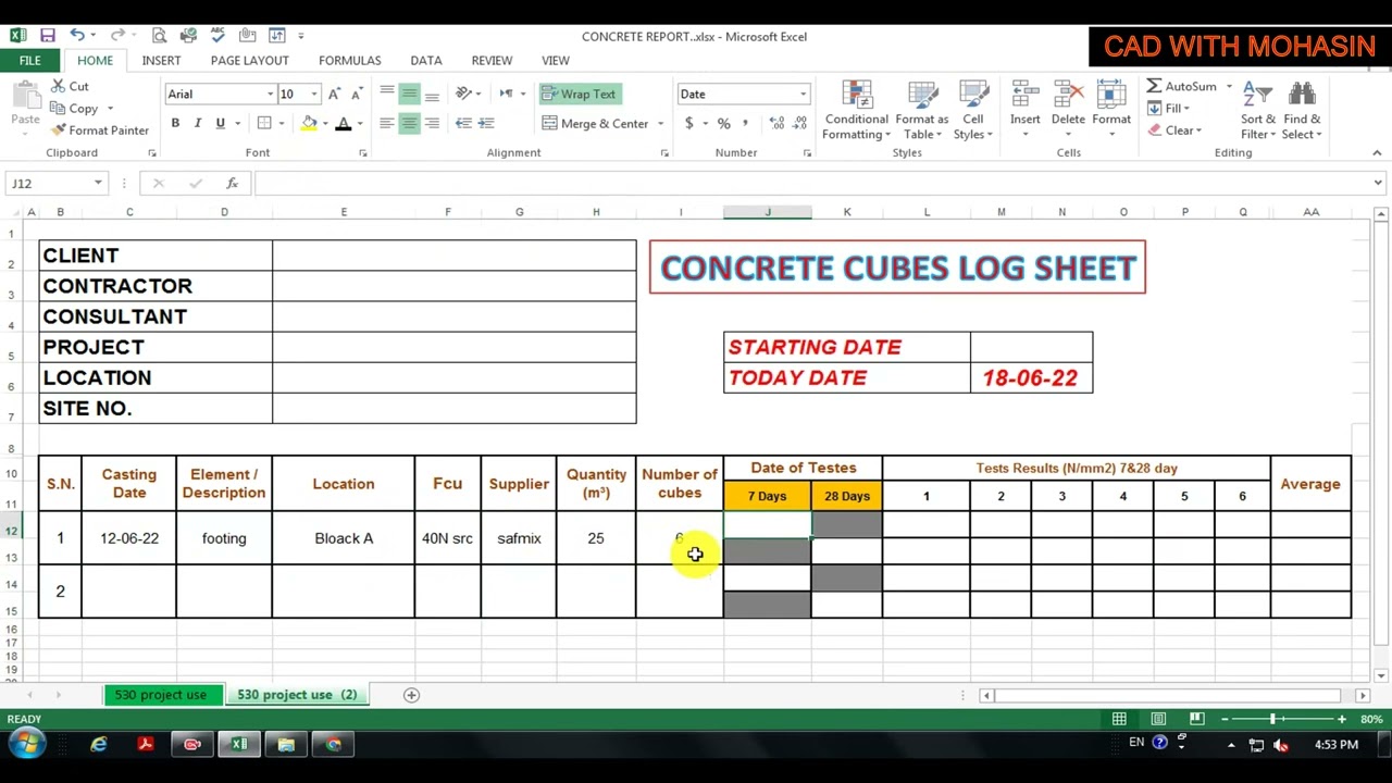 LESSON 7 CONCRETE CUBE LOG SHEER IN EXCEL - YouTube