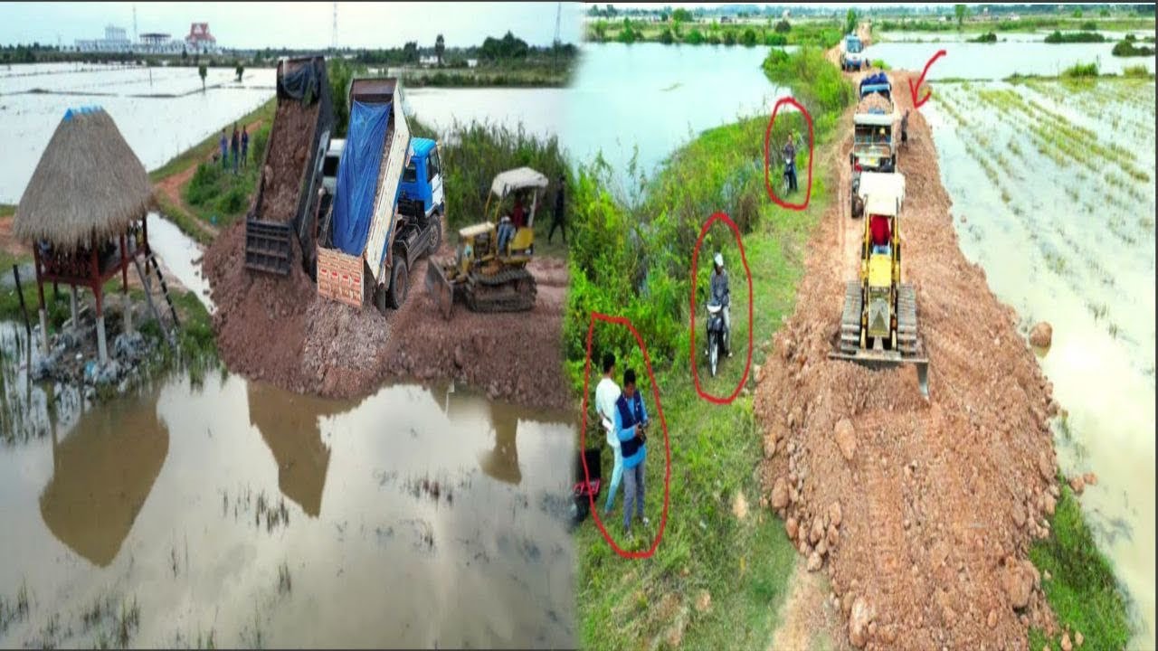 Ep1! Dozer pushing soil to make new road go to rice field with dump ...