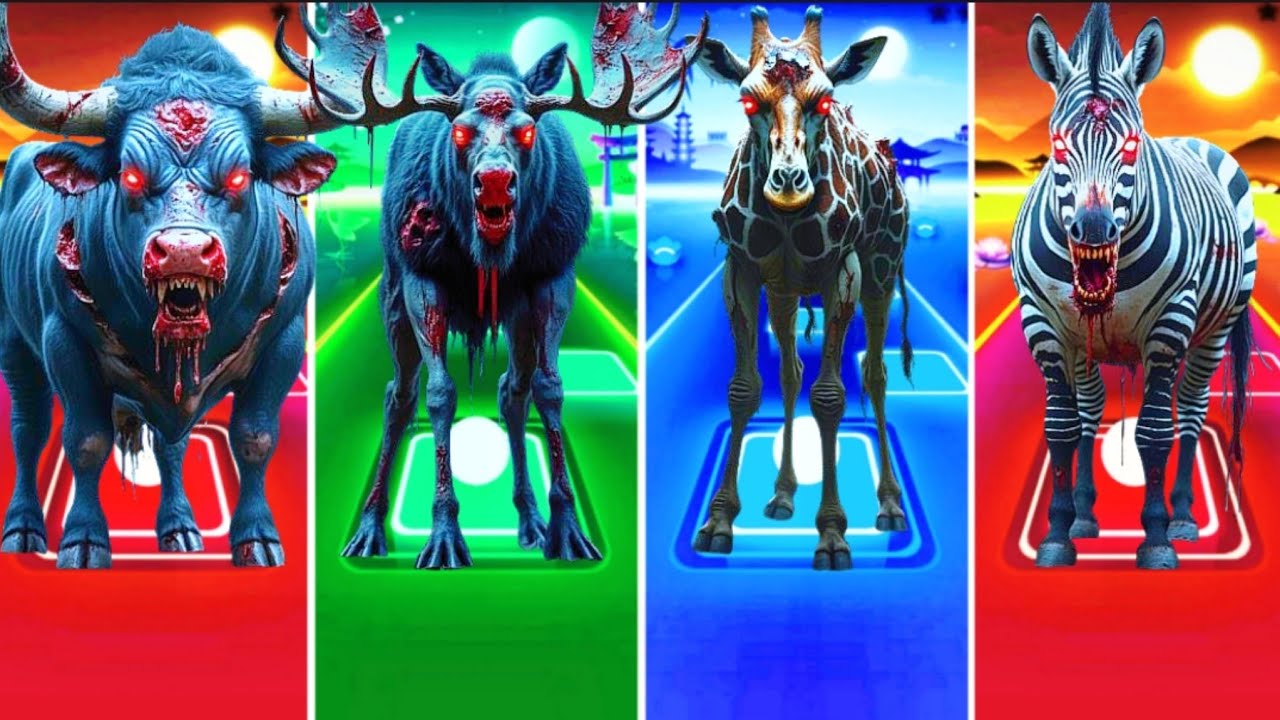 Zombie Bull🐂🆚Zombie Moose🫎🆚Zombie Giraffe🦒🆚Zombie Zebra🦓| Tiles Hop ...