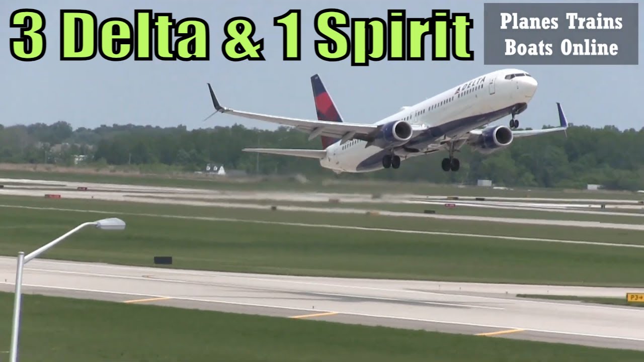 3 Delta & 1 Spirit Airlines Jets Take Off At Detroit Metro Airport ...