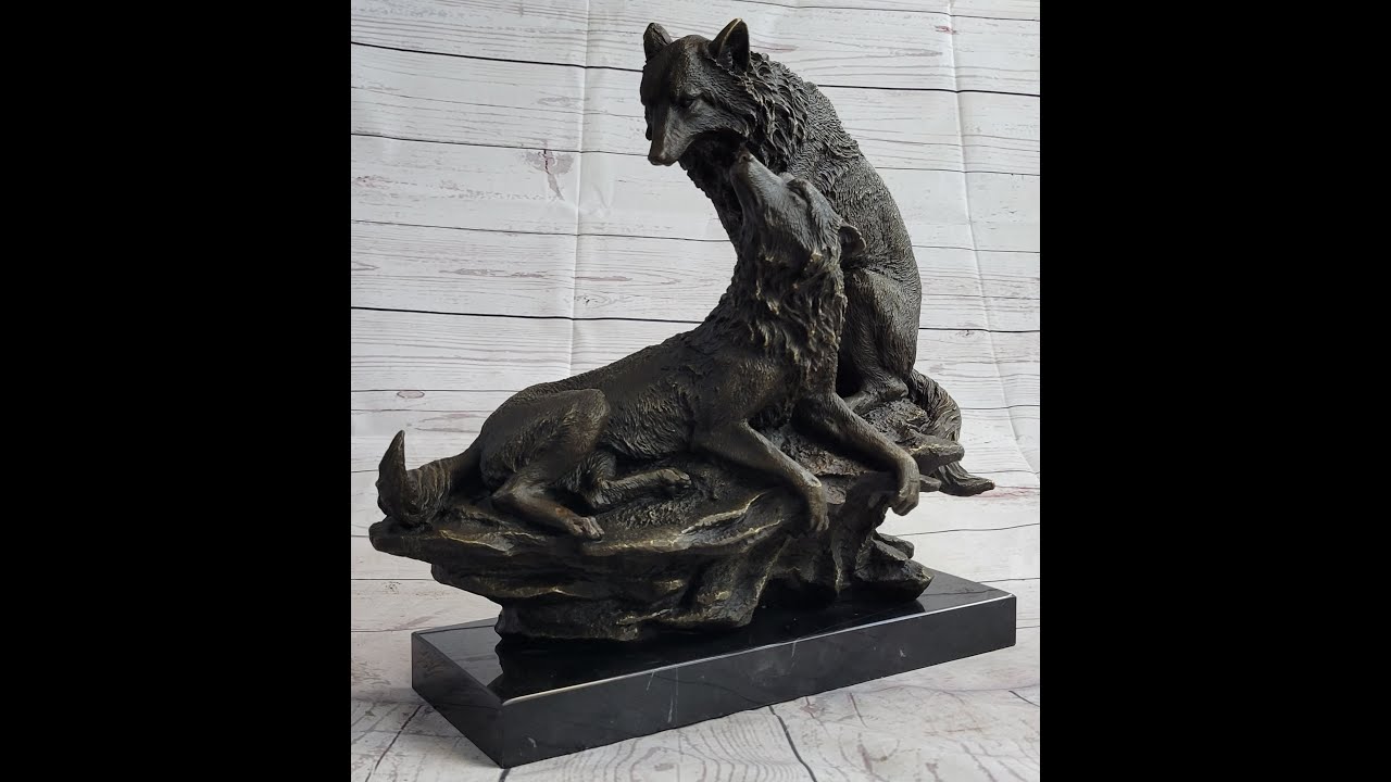 Two Wolves Wolf Family Bronze Metal Sculpture Statue on Marble Base 14 ...