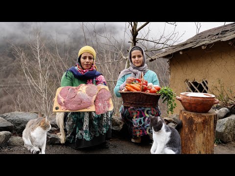Meat and Mushrooms Stew Recipe with Fresh Sadg Bread Cooke in Village