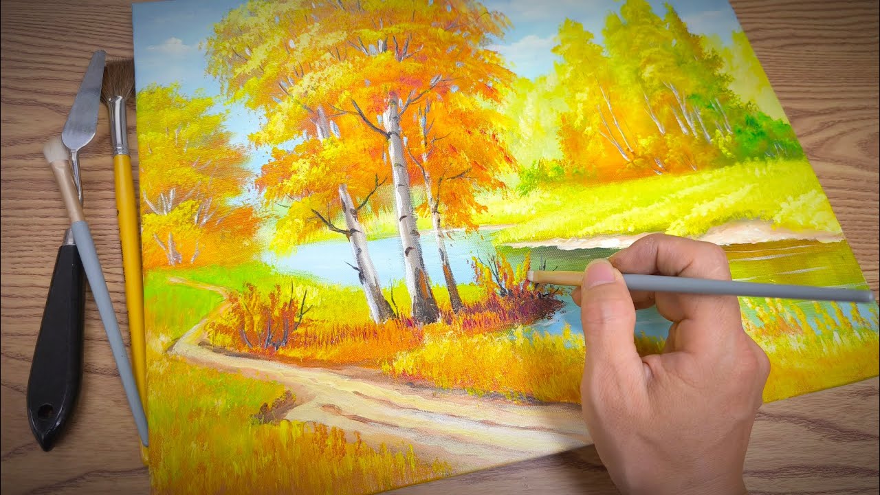 Draw beautiful yellow leaf tree landscape./How to draw birch tree ...