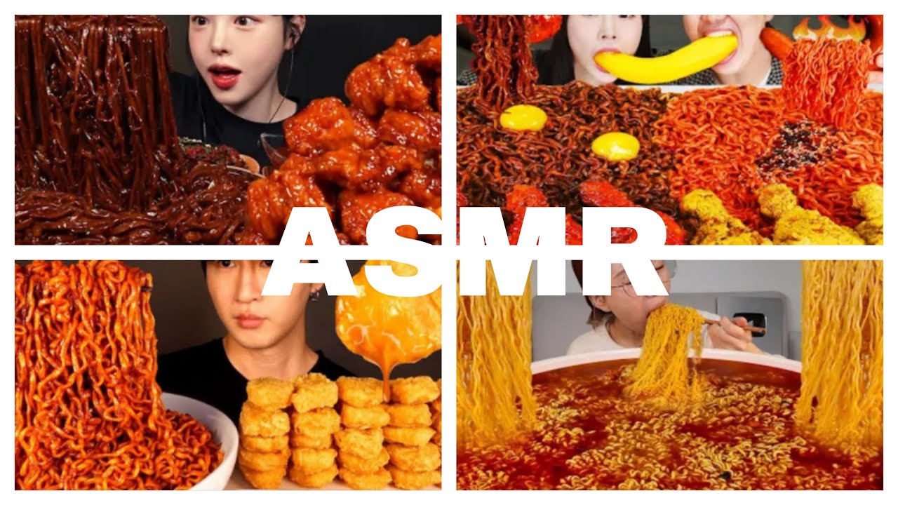 ASMR EATING SPICY FRIE NOODLES, CHICKEN NEGATES, SAUSAGE FRIED CHICKEN ...