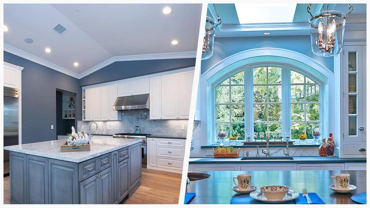 75 Blue Kitchen With Stone Tile Backsplash Design Design Ideas #1242 ...