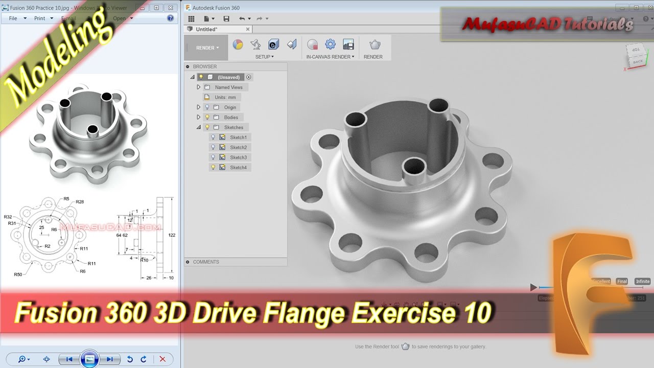Fusion 360 3D Drive Flange Tutorial Beginner Practice 10 - YouTube