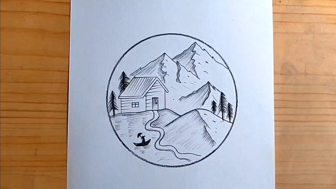 how to draw easy pencil sketch scenery,landscape pahar and river side ...