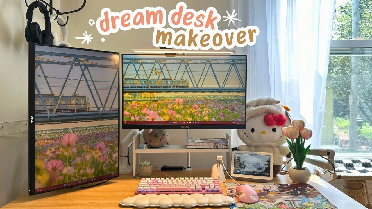 eng) AESTHETIC DESK MAKEOVER 🌸 cute decor, organization, 2024 pc setup ...