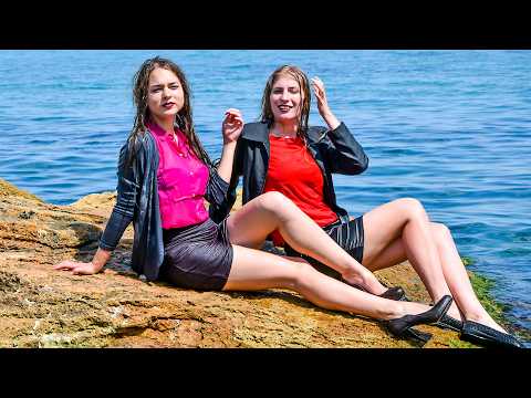WET OFFICE STYLE: TWO BEAUTIES GET BRIGHTLY WET IN THE SHOWER AND SWIM IN THE SEA IN THEIR CLOTHES!