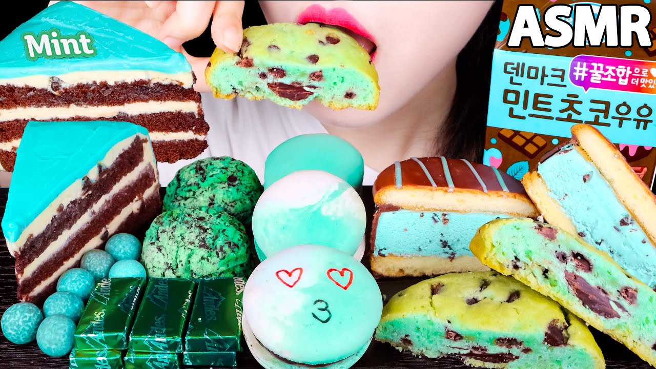 ASMR MINT CHOCOLATE DESSERTS🍫💙, *CAKE, ICE CREAM, MACARONS, COOKIES ...