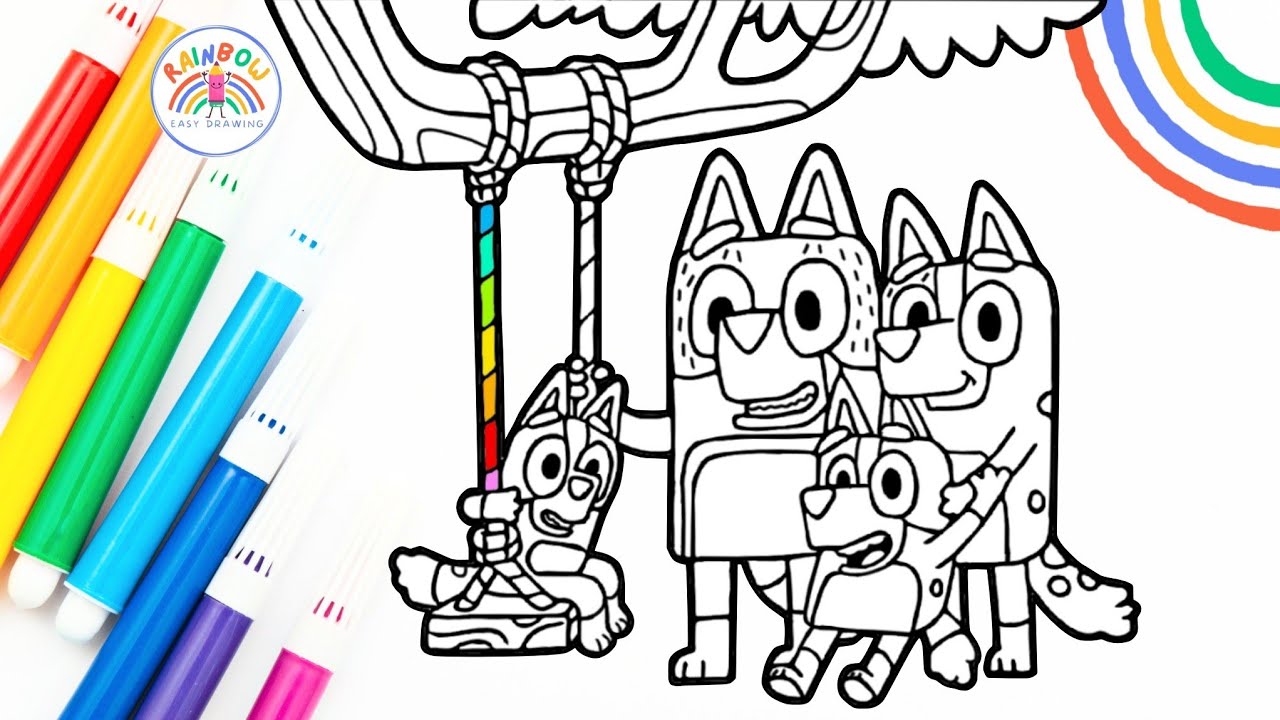 How to Draw Bluey Family | Bluey Family with Swing Drawing Easy 🌈🐶💙 ...