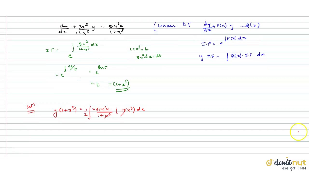 The Solution Of The Differential Equation ` Dy Dx 3x 2 1 X 3