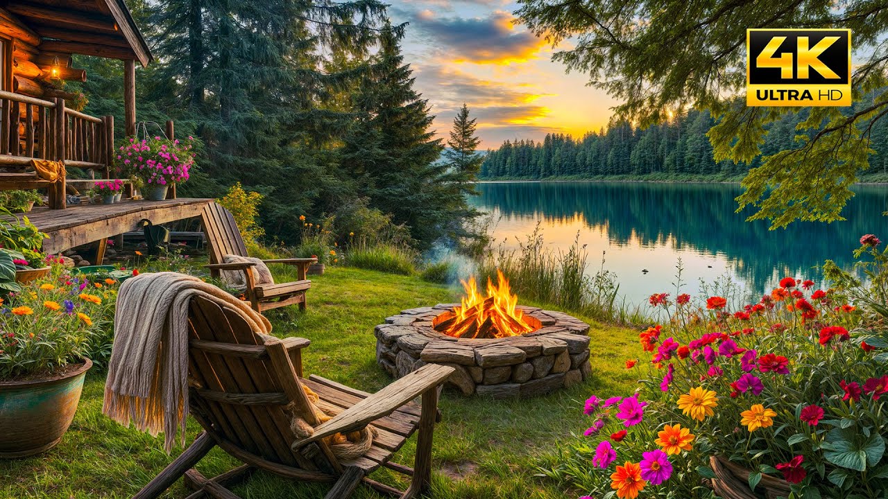 Peaceful Spring Nature Sounds by the Lake with Gentle Campfire and ...