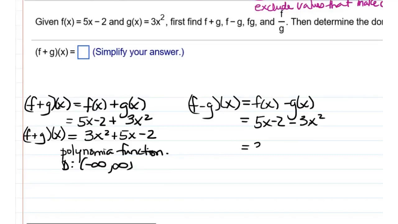 Domains Of Combinations Of Functions Part 1 Add Subtract Multiply Divide Polynomial Functions