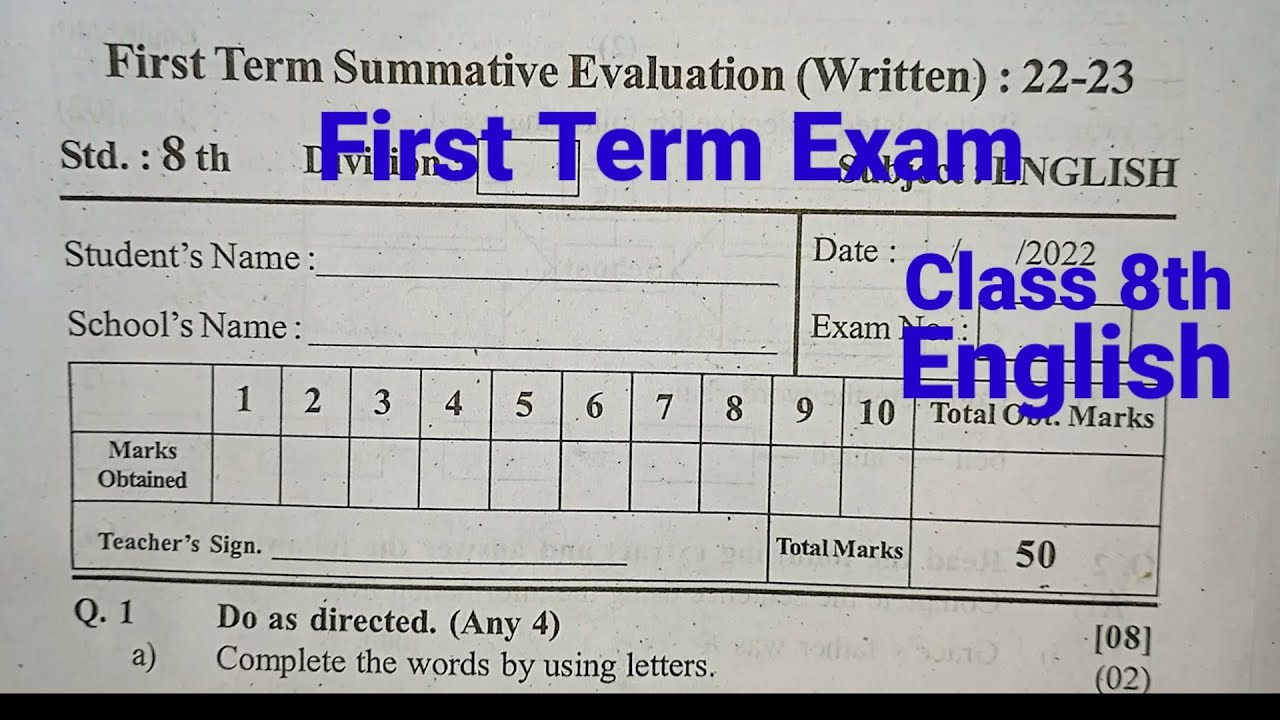First Term Exam | Class 8th | English - YouTube