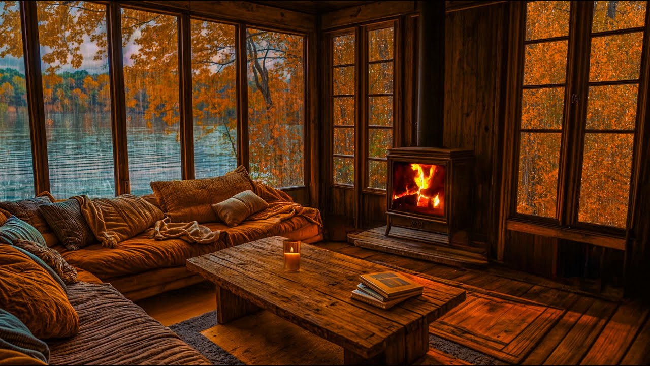 SLEEP IN THIS RAINY AUTUMN CABIN – Cozy Fireplace, Porch Rain Sounds ...
