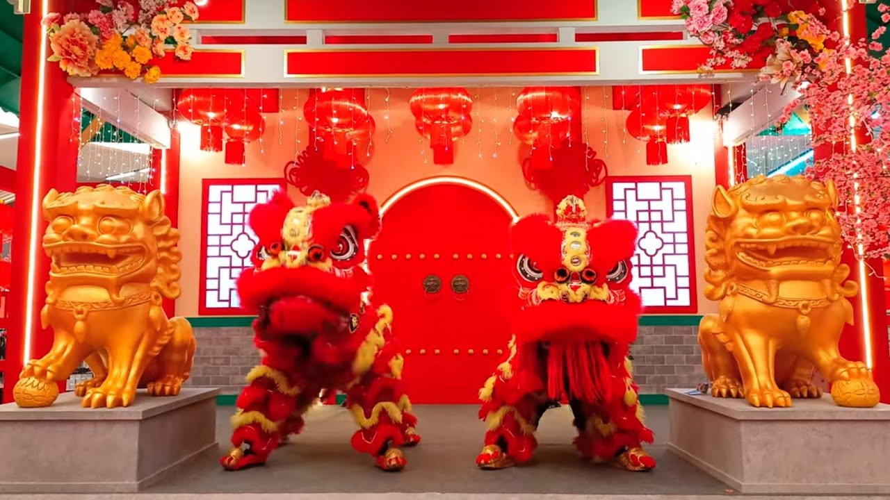 Double Acrobatic Red Lion Dance - YouTube