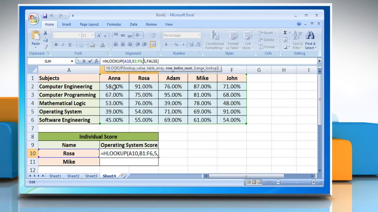 HLOOKUP Function in Microsoft® Excel 2007 - YouTube
