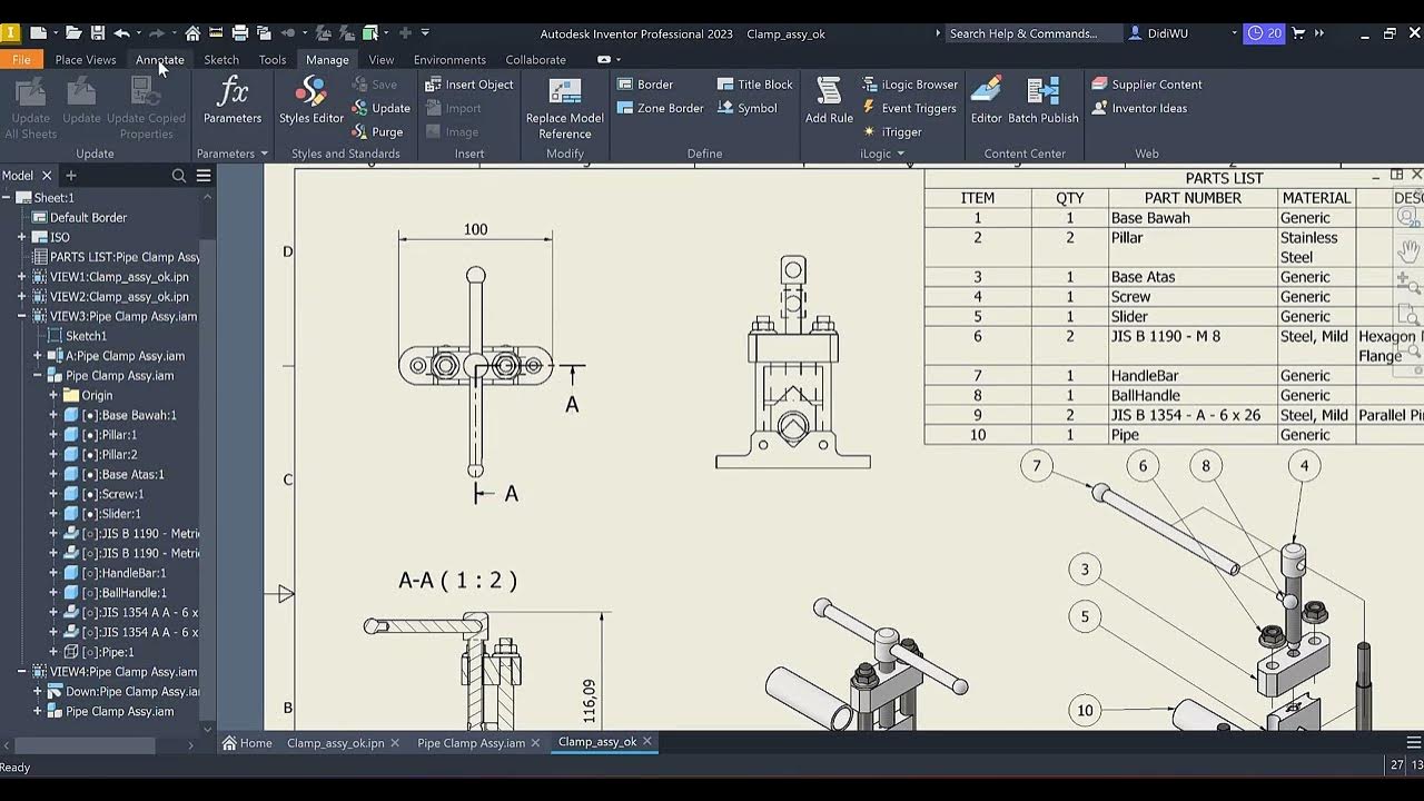 Autodesk Inventor Tutorial - Pipe Clamp Assy Drawing - YouTube