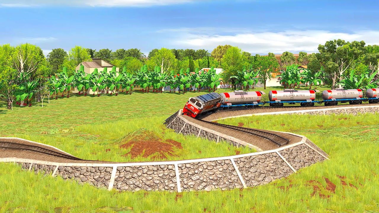 4 Trains Risky Crossing at Convoluted Sharp Bend Untidy Railroad Track ...