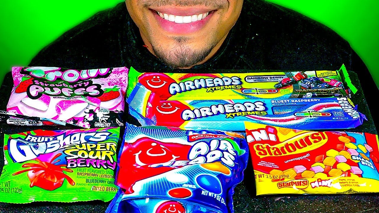 ASMR AIRHEADS XTREMES FRUIT GUSHERS TROLLI PUFFS STARBURST BITES ...