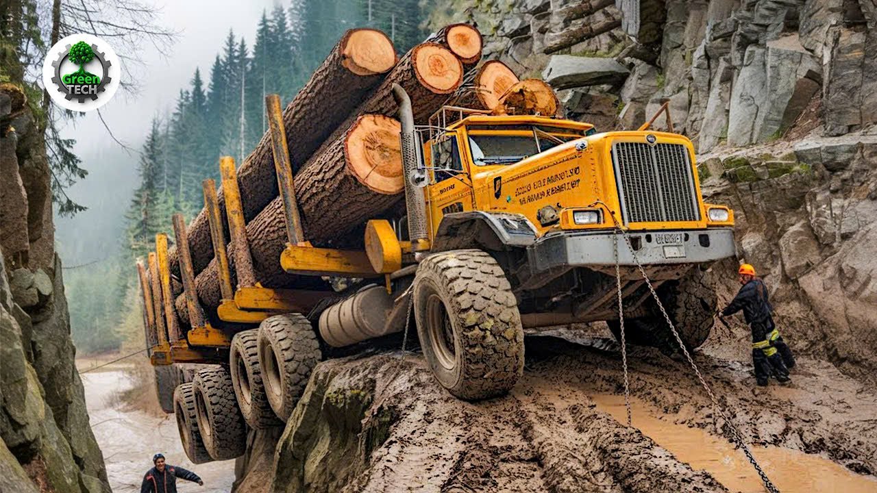 Extreme Dangerous Heavy Logging Truck Driving Skill | Fastest Chainsaw ...